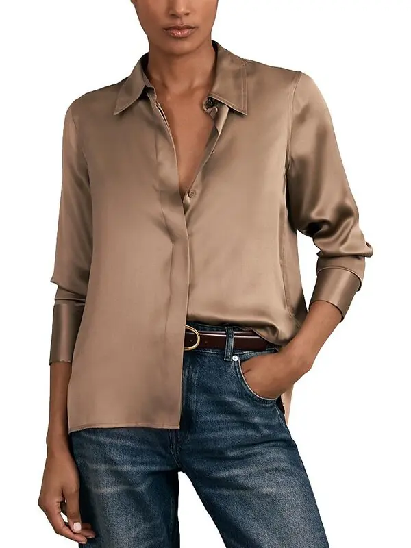 REISS Petites Ameira Silk Satin Shirt - Taupe Brown