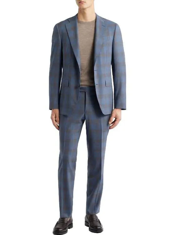 Canali Capri Trim Fit & Brown Plaid Wool Suit - Blue