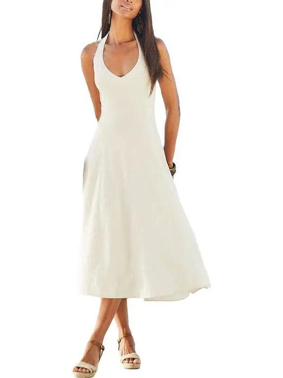 LASCANA Flowy Halter Neck Linen Blend Dress - Sand