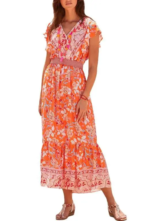 LASCANA Floral V-neck Maxi Dress - Orange Multi