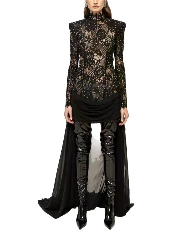 NISSA Crystal-embellished Lace Mini Dress - Black