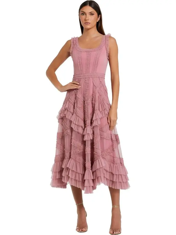 Mac Duggal Petite Ruffle Midi Dress - Antique Rose