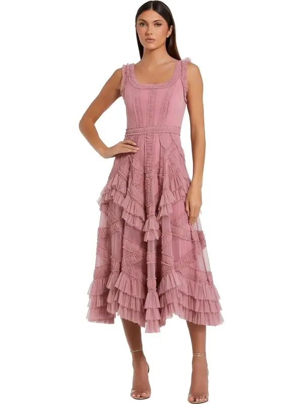 Mac Duggal Petite Sleeveless Ruffle Midi Dress - Pink
