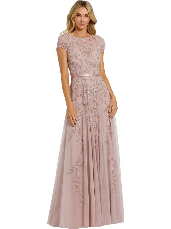 Mac Duggal Floral Embellished Cap Sleeve Gown - Pink