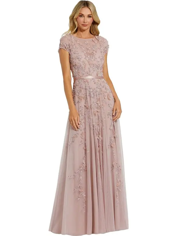 Mac Duggal Floral Embellished Cap Sleeve Gown - Pink