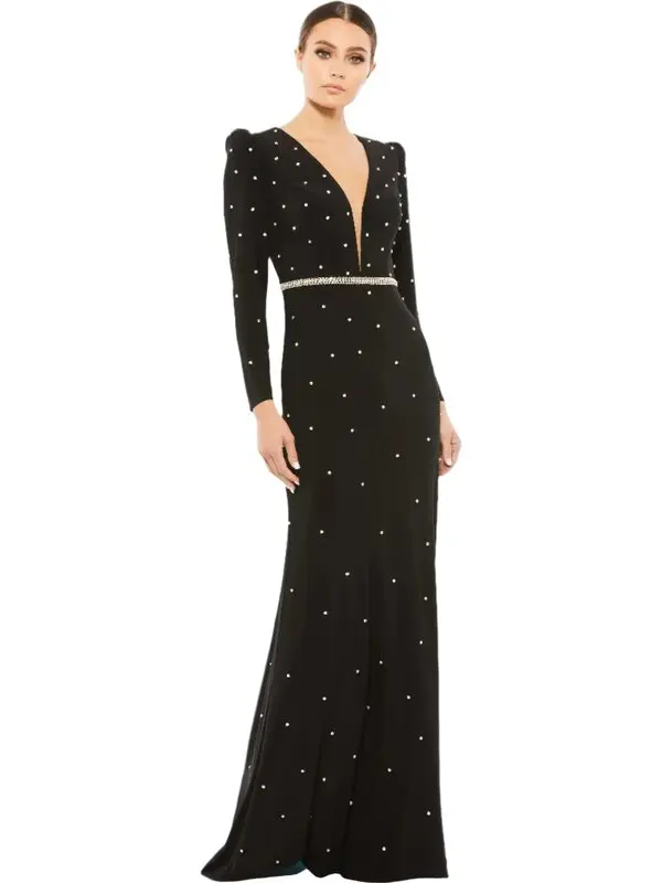 Mac Duggal Jewel-encrusted Plunge Neck Gown - Black / Silver