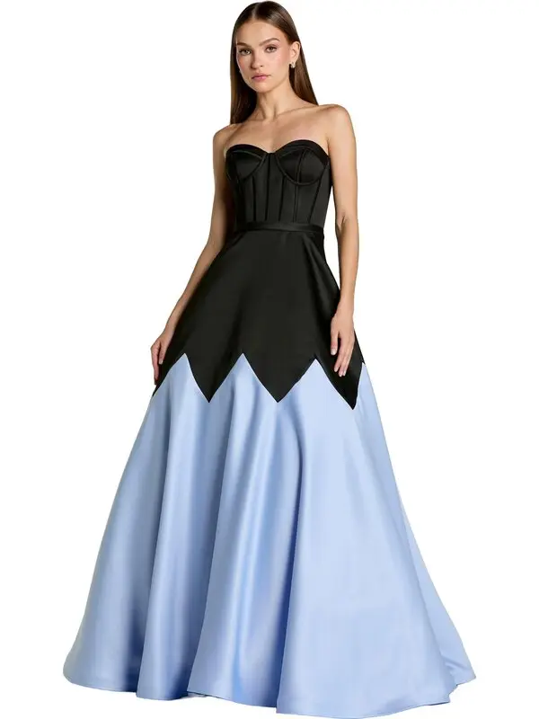 Mac Duggal Strapless Satin Color-block Ball Gown - Black Blue