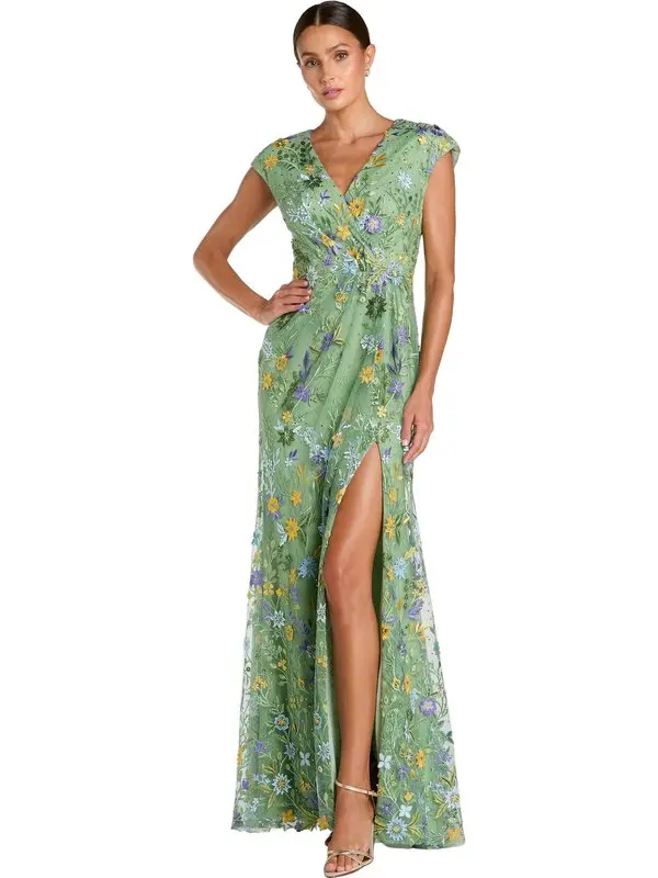 Mac Duggal Faux Wrap Embroidered Cap Sleeve Gown - Green