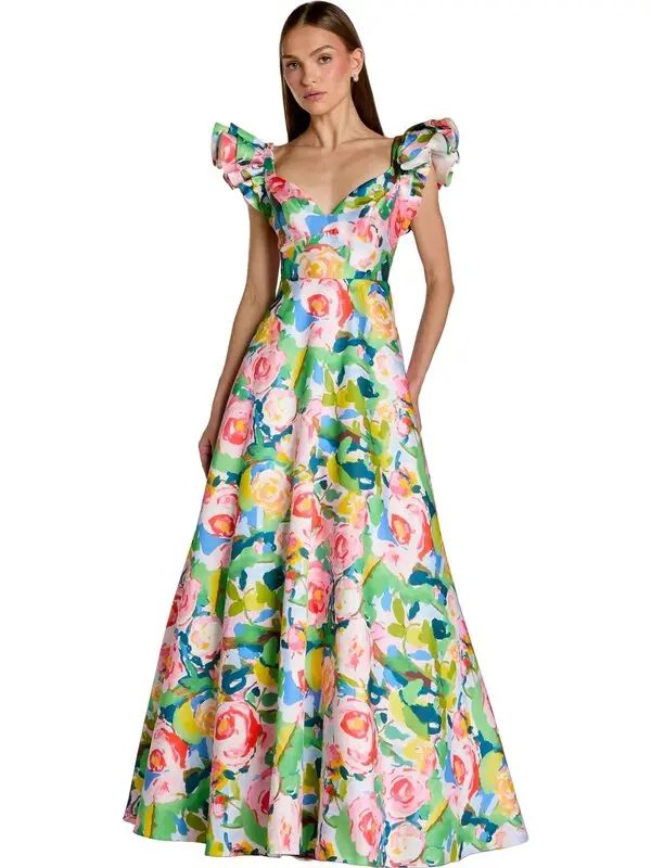 Mac Duggal Floral Ruffle Cap Sleeve Ball Gown - Blue Multi