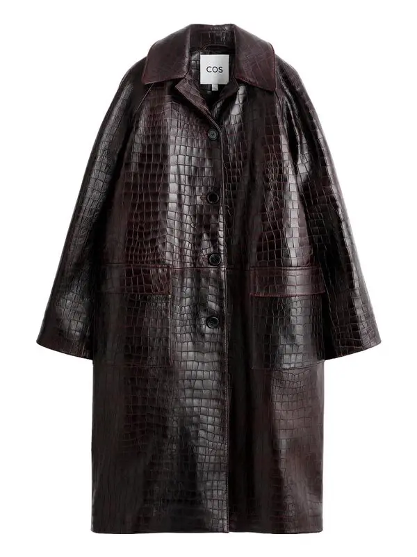 Cos Croc-effect Leather Coat - Brown