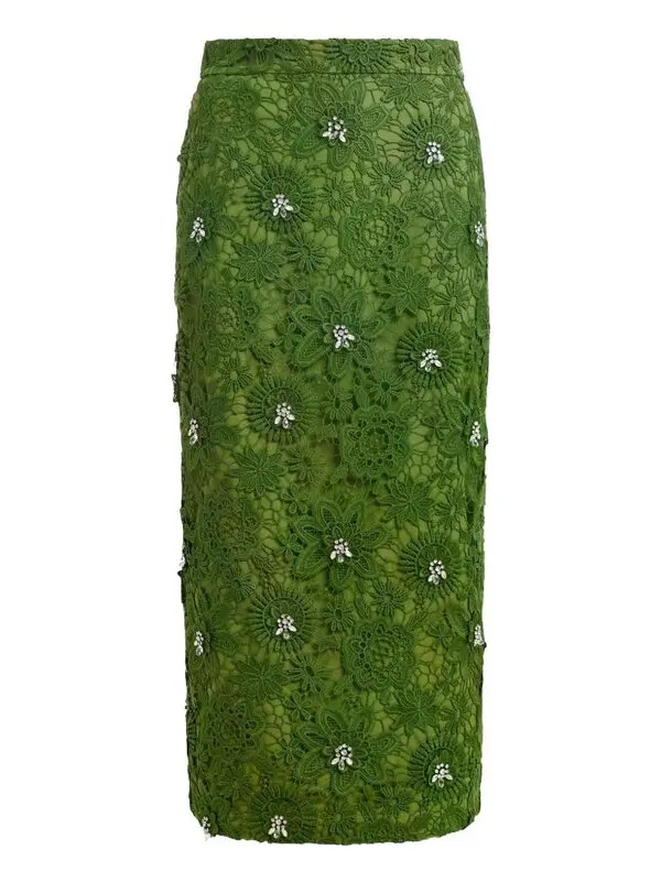 Essentiel Antwerp Floral Lace Rhinestone Midi Skirt - Green