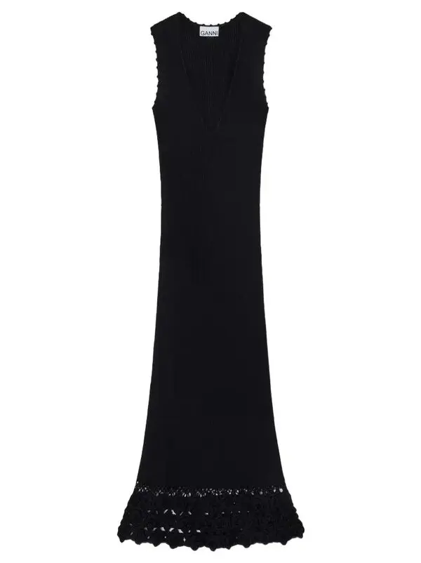 GANNI Crocheted V-neck Maxi Dress - Black