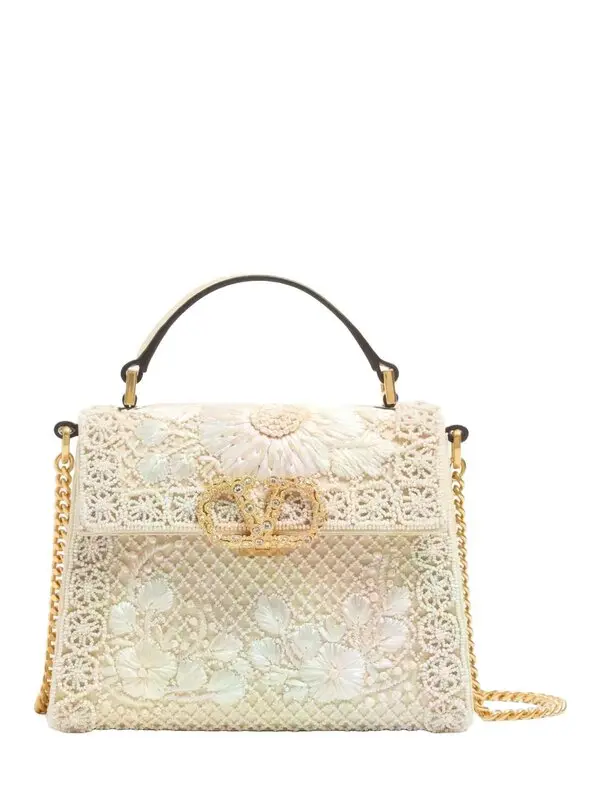 Valentino Garavani V Sling Mini Handbag With Floral Embroidery And Vlogo Signature Jewel Closure - Neutrals