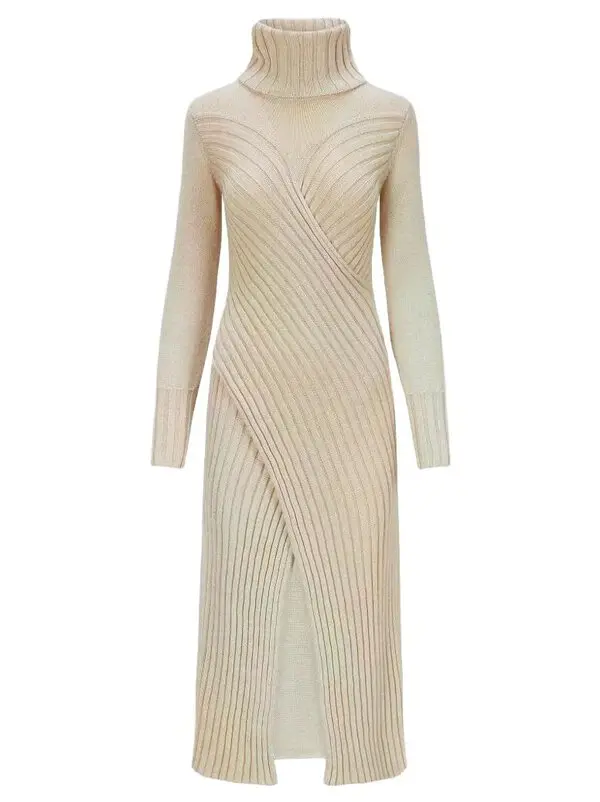 VIOLANTE NESSI Cecile Turtleneck Front-slit Midi Dress - Neutrals