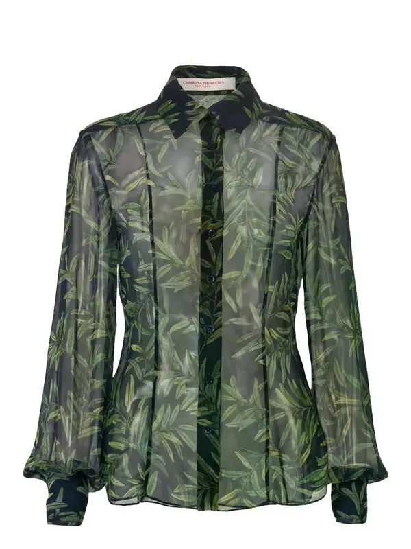 Carolina Herrera Olive Branch-print Silk Chiffon Shirt - Green