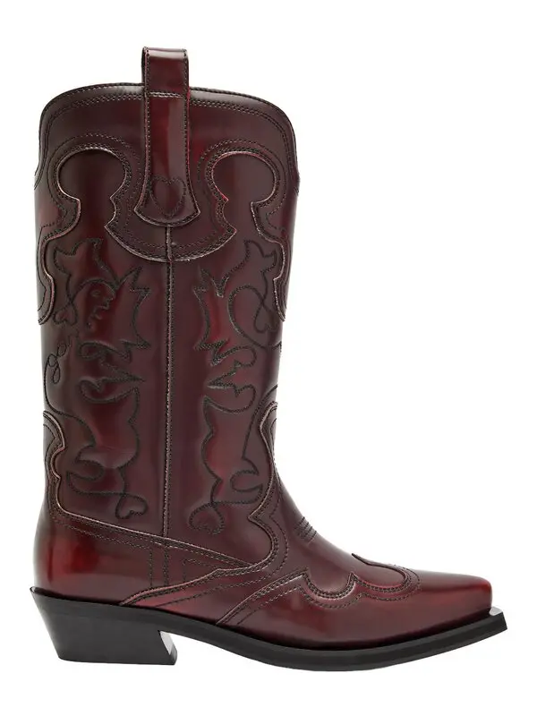 GANNI Embroidered Faux Leather Western Boots - Burgundy