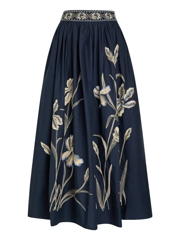 EMPORIO SIRENUSE Embroidered Cotton-poplin Maxi Skirt - Navy