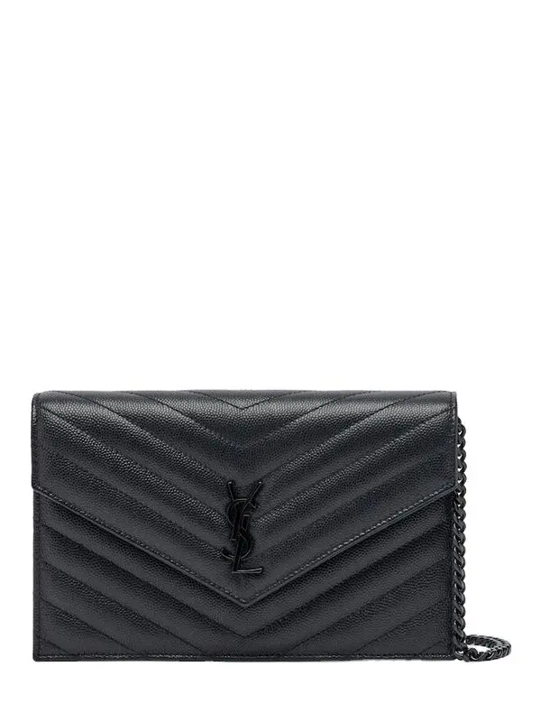 Saint Laurent Cassandre Envelope Leather Wallet On Chain - Black