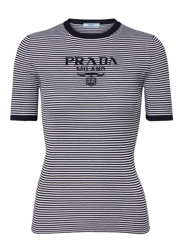 Prada Logo Striped Silk Sweater - Blue