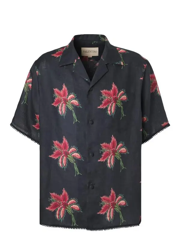 Valentino Garavani Floral Lace-trimmed Linen Bowling Shirt - Black