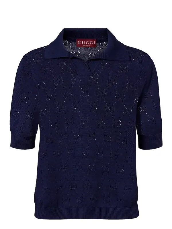 Gucci Gg Pointelle Silk And Cotton Polo Shirt - Blue