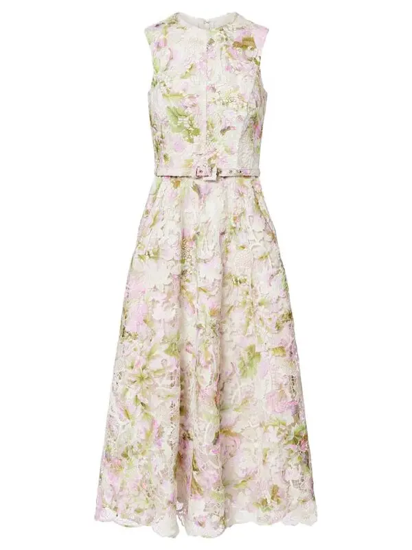 Monique Lhuillier Belted Lace Midi Dress - Multicoloured