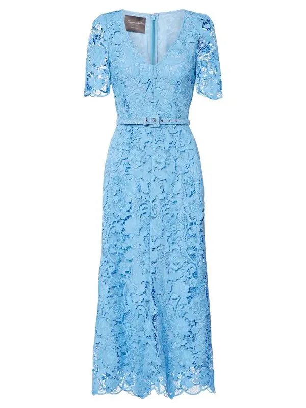 Monique Lhuillier Belted Lace Midi Dress - Blue