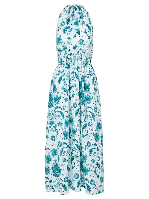 Heidi Klein Kos Paisley Shirred Linen Maxi Dress - White