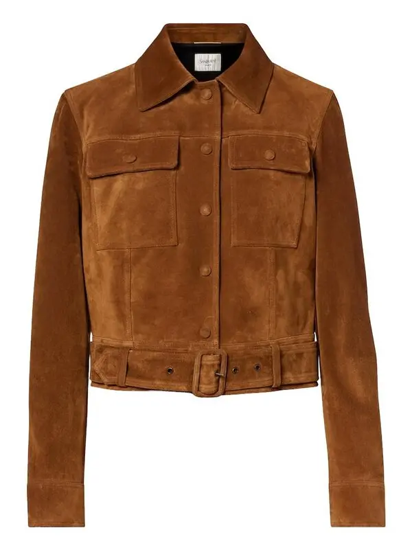 Saint Laurent Belted Cropped Suede Jacket - Brown