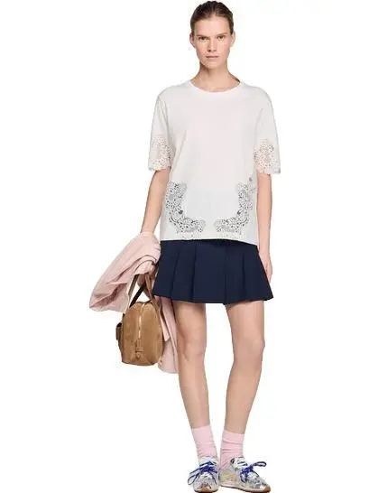 Sandro Cotton T-shirt With Lace Detail - Neutral / White