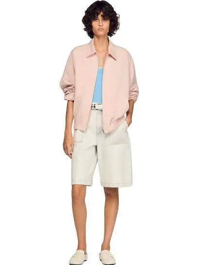 Sandro Cotton And Linen Jacket With Shirt Collar And Zip Fastening - Neutral / White