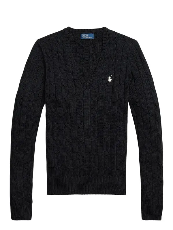 Polo Ralph Lauren Cable Knit V-neck Sweater With Logo - Black