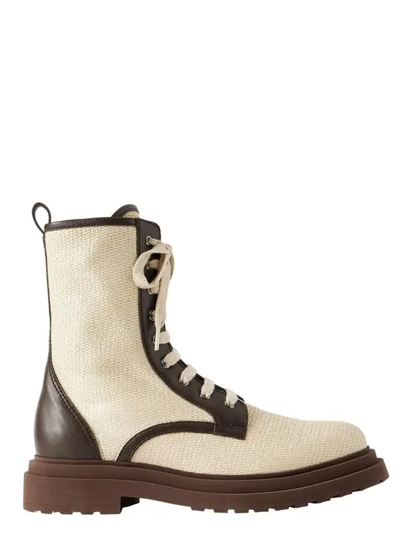 Brunello Cucinelli Lace-up Leather And Canvas Boots - Neutral