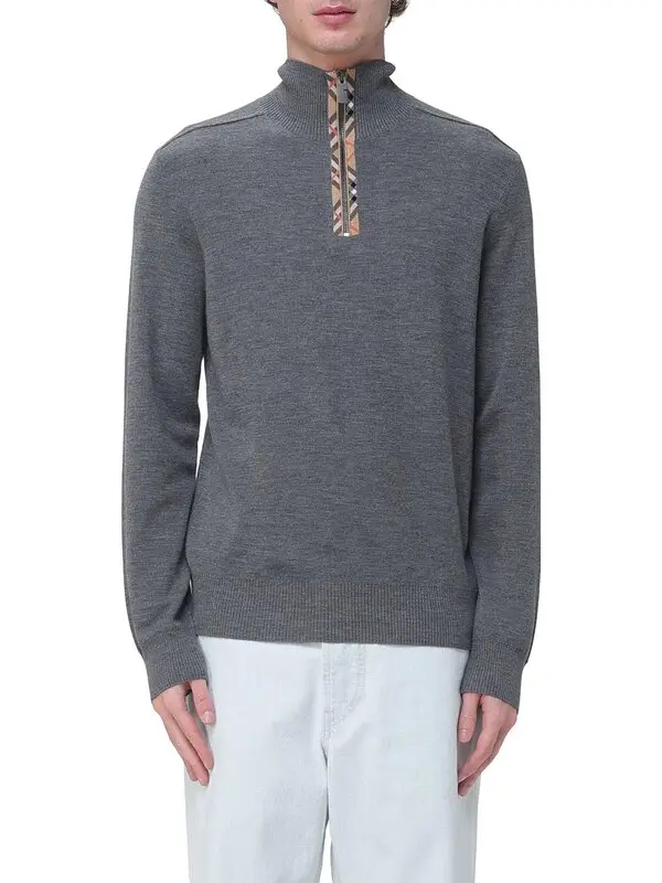 Burberry Wool Knit Sweater With Check Details - Grey