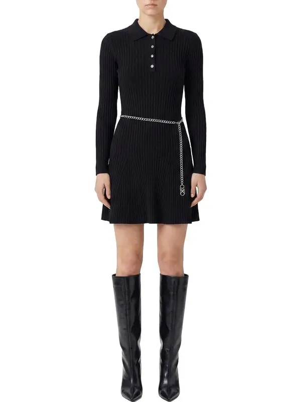 Michael Kors Ribbed Knit Polo Dress With Chain Belt - Black