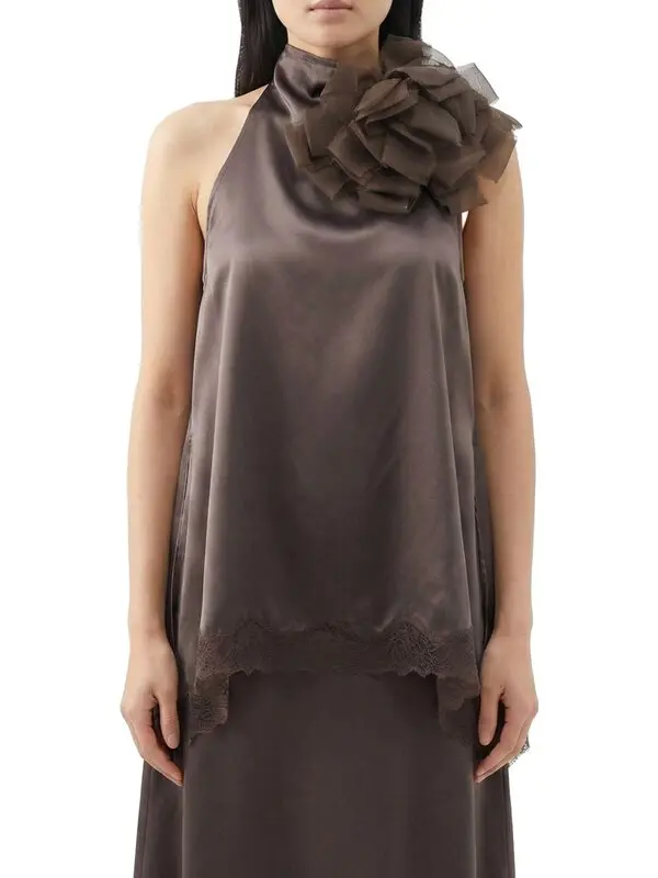 Magda Butrym Silk Halter Neck Top With Flower Appliqu - Brown