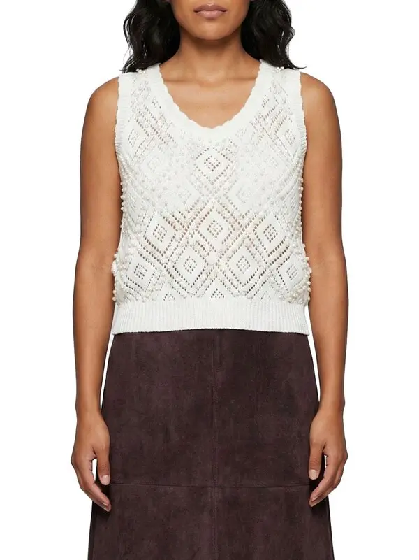 TWINSET Openwork Cotton Blend Knit Top With Pearl Embellishments - Grey