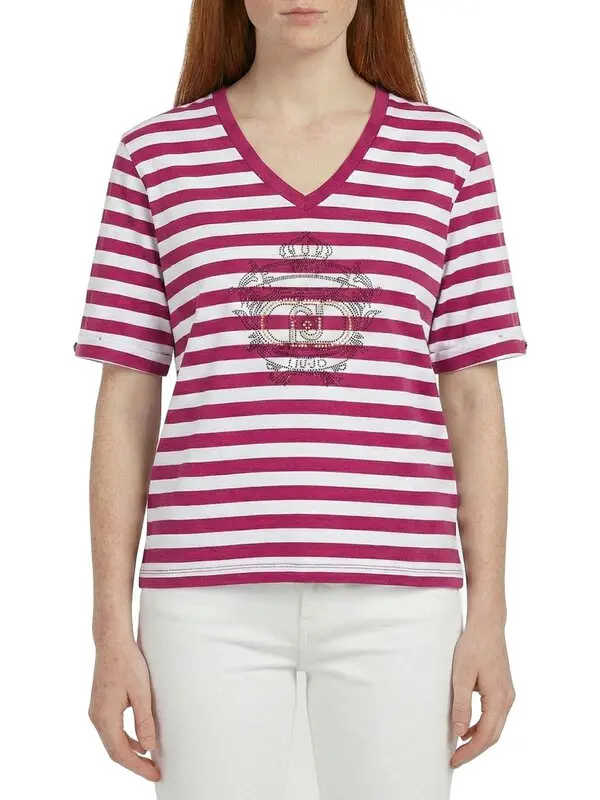 Liu Jo Striped V-neck Embellished T-shirt - Red