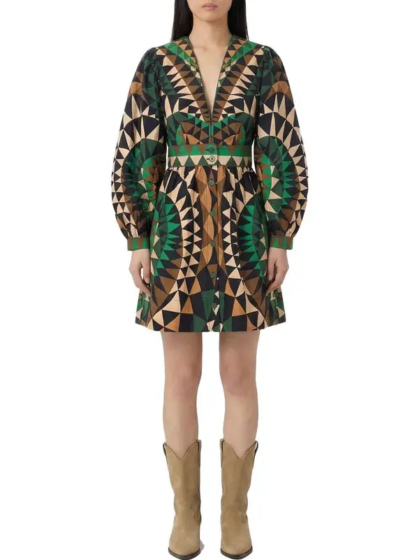 Farm Rio Printed Mini Dress With V-neck And Button Details - Green