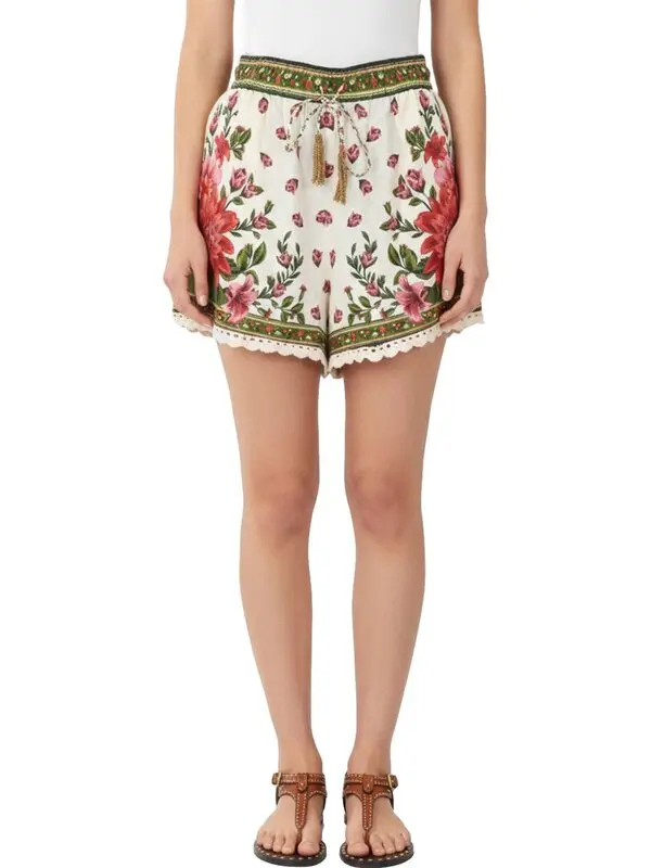 Farm Rio Floral Linen Drawstring Shorts - Black