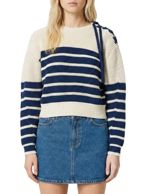 TWINSET Striped Knit Sweater With Tie Detail - White