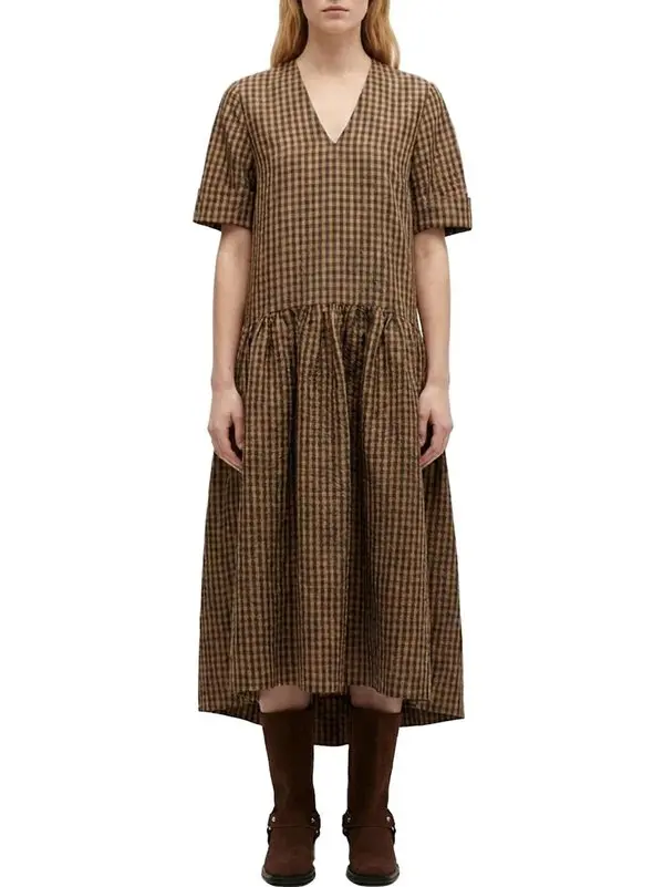 GANNI Checked Midi Dress - Brown