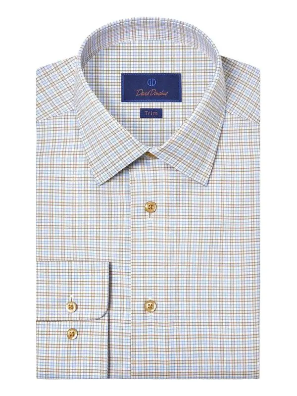 David Donahue Trim Fit Check Cotton Twill Dress Shirt - Blue/chocolate