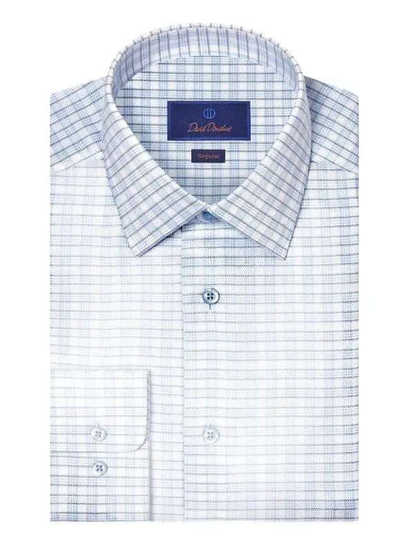 David Donahue Regular Fit Check Cotton Dobby Dress Shirt - White/blue