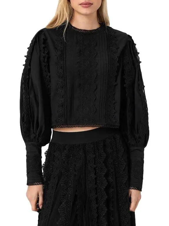 ALLSAINTS Hart Lace Embroidered Bishop Sleeve Top - Black