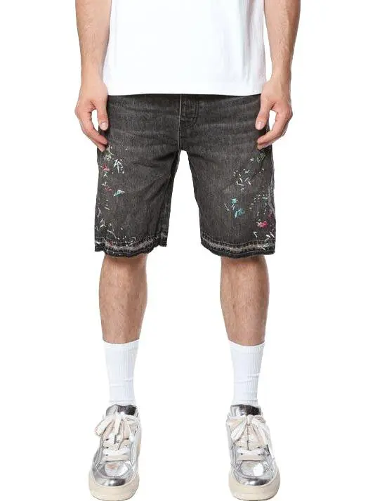 PURPLE BRAND Embroidered Splatter Relaxed Denim Shorts - Black
