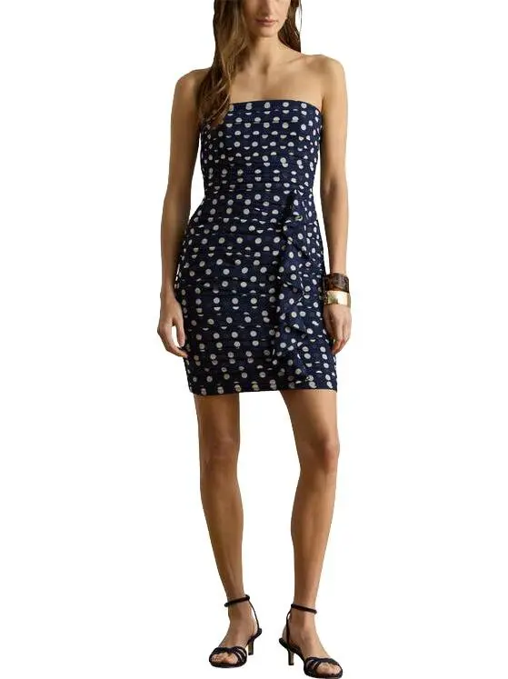 Ralph Lauren Polka Dot Ruched Strapless Cocktail Dress - Navy Blue/cream