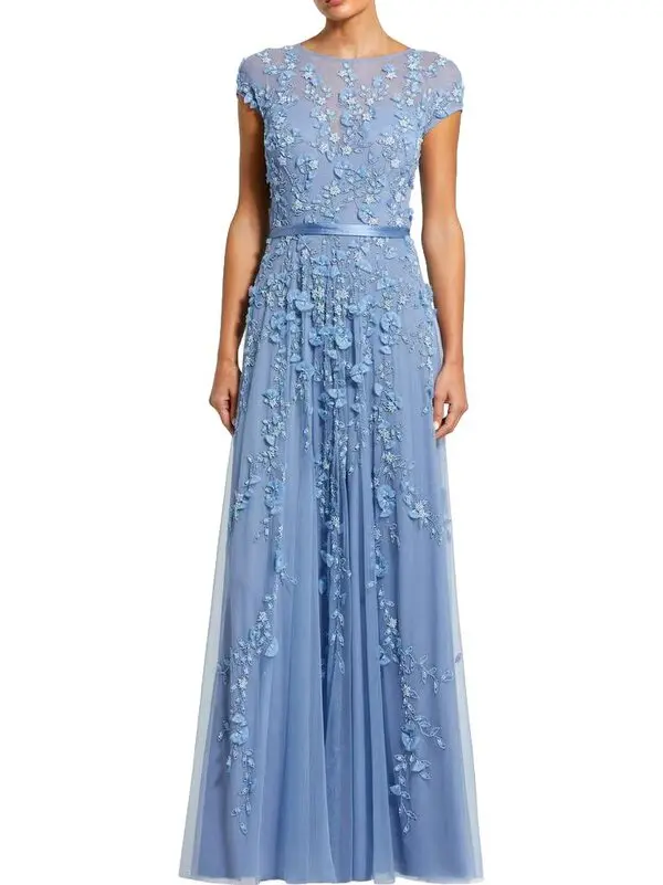 Mac Duggal Floral Embellished Cap Sleeve Gown - Sky Blue