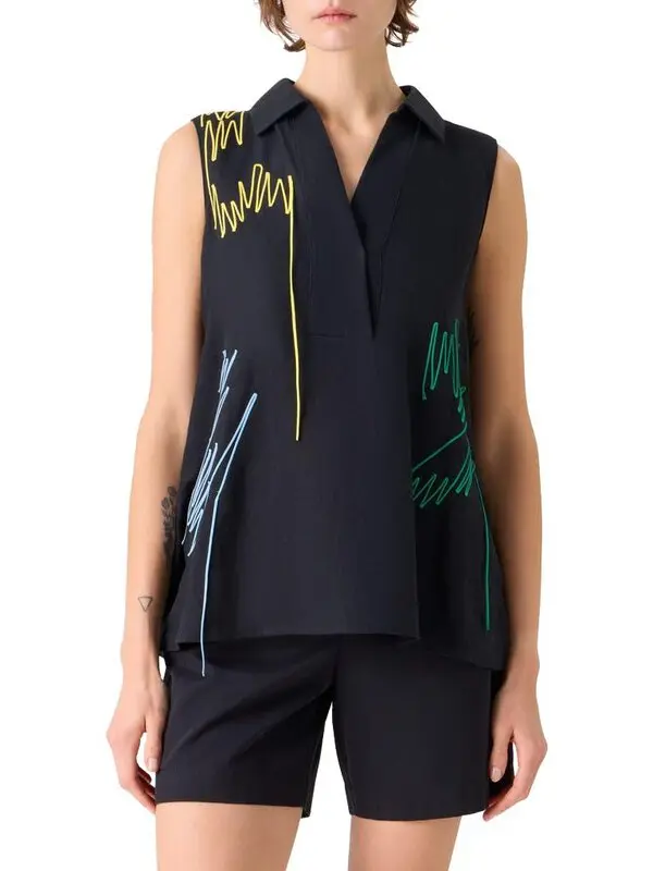 Akris Scribble Embroidered Linen A-line Shirt - Black