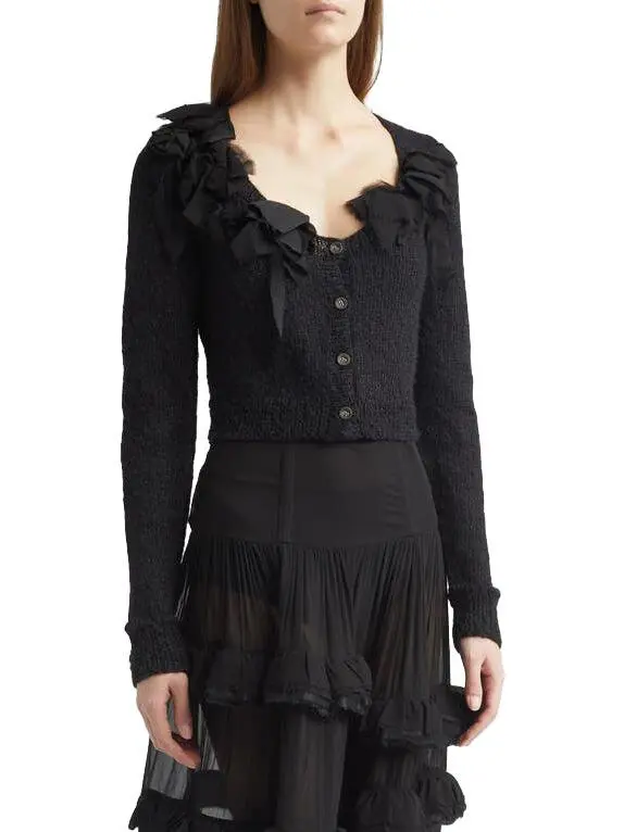 MERUERT TOLEGEN Hand Knit Crop V-neck Cardigan - Black